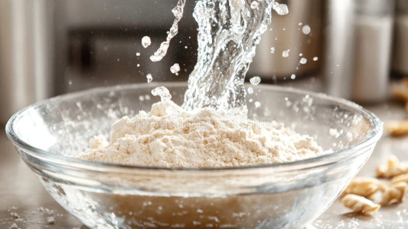 Water Pouring into Flour in Glass Bowl for Baking Stock Illustration ...