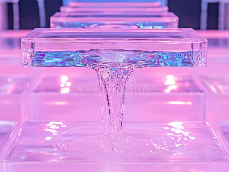 Water Pouring from Glass Container into Illuminated Cube, Fluid ...