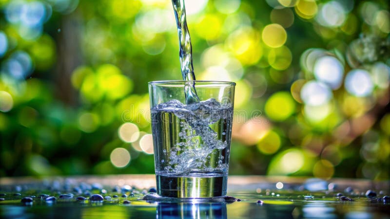Water Pouring into Glass on Green Bokeh Background, Bokeh, Nature ...