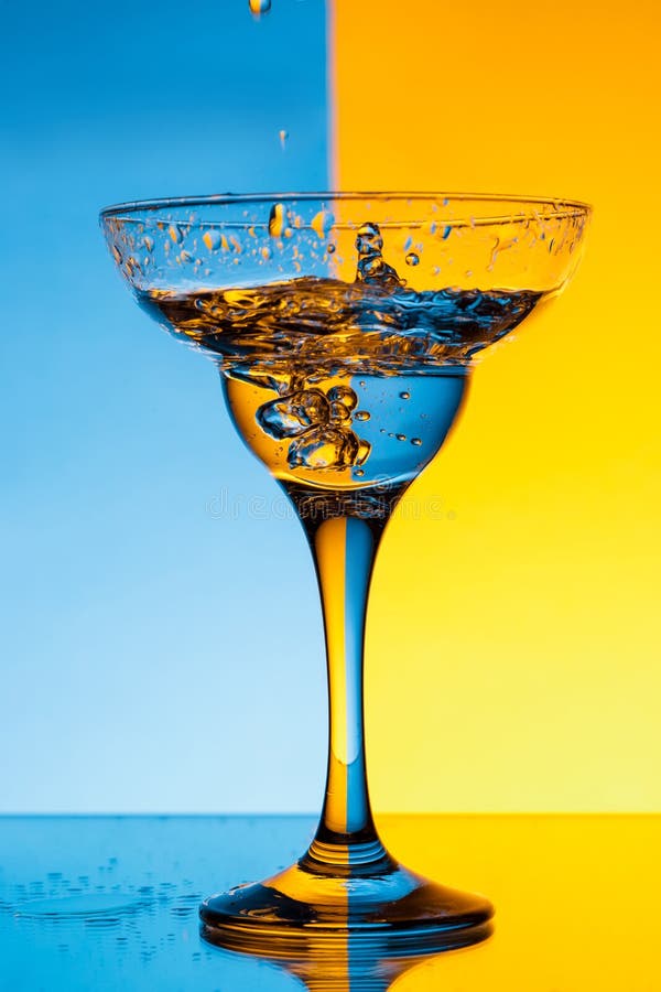 Water Pouring in Glass Over Blue and Yellow Background. Stock Image ...