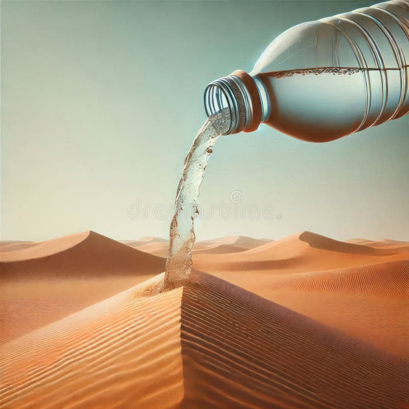 Water Pouring Out of a Bottle in the Desert. Stock Photo - Image of ...