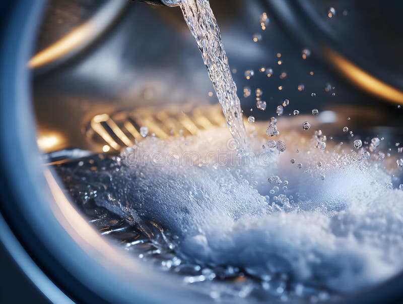 Water Pouring into a Washing Machine Drum, Creating a Foamy and Bubbly ...