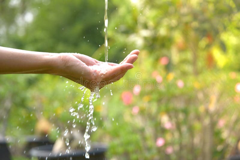 Water Pouring In Woman Hand On Nature Background. Stock Image - Image ...