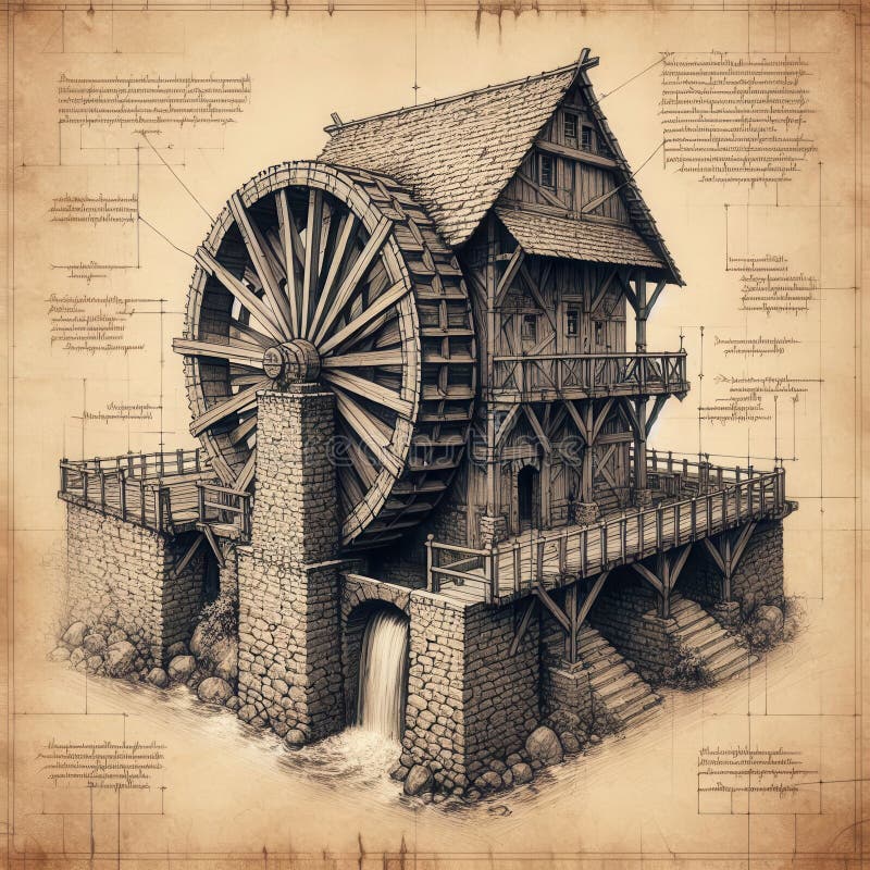 Water-Powered Mill Architecture in Technical Ink Stock Illustration ...