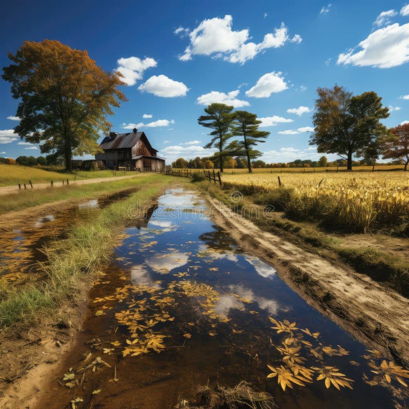 Water Puddle in a Field Surrounded by Yellow Leaves, Featuring Vibrant ...