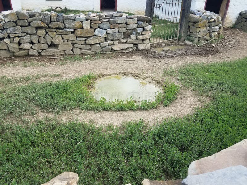 Water Puddle in the Ground and Stone Wall Stock Image - Image of ground ...