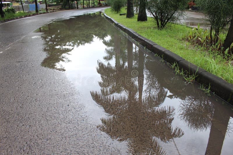 Puddle on the road stock photo. Image of reflectio, rainwater - 207233002