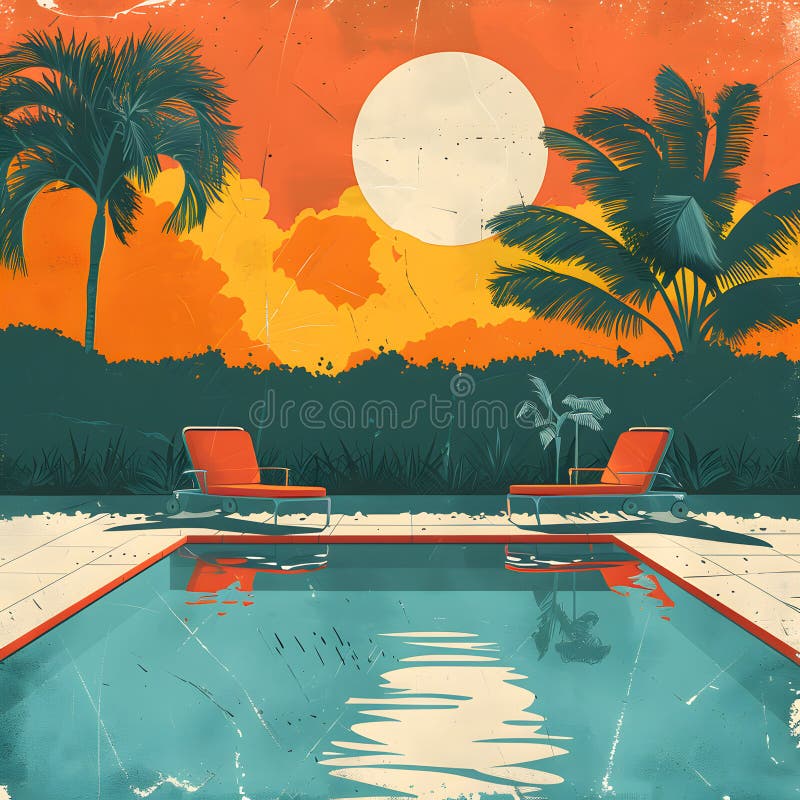 Water in Rectangular Pool, Palm Trees in Orange Moonlight Stock Photo ...