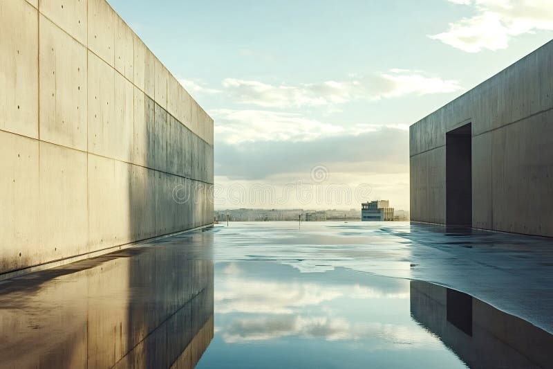 Water Reflecting Concrete Walls and Cloudy Sky in Modern Building Stock ...