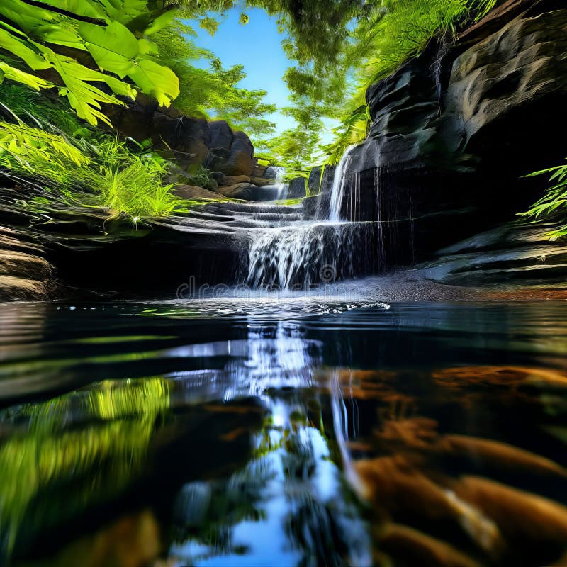 Water Reflection of a Waterfall Plunging into a Clear Pool Sho Stock ...