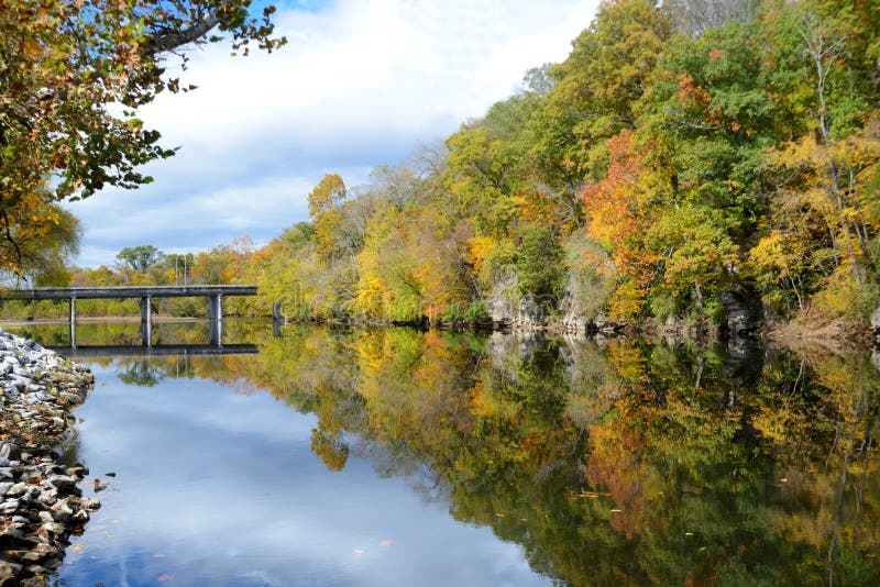 Water Reflections of Colored Trees Under a Blue Sky. Stock Image ...