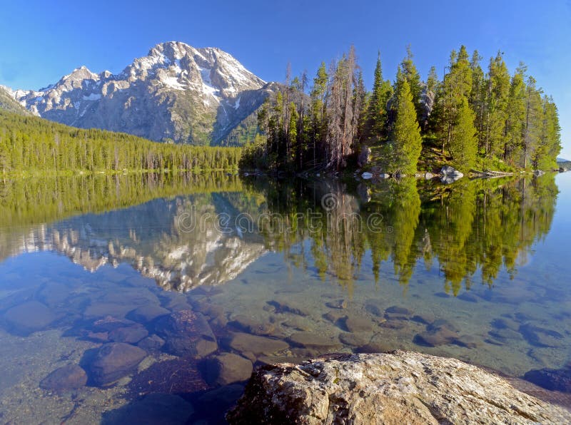 Water Reflections of Snow Capped Mountains and Green Trees. Stock Photo ...