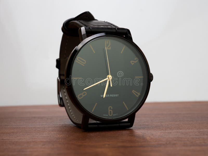 Water Resistant Black Watch with Leather Strap Stock Image - Image of ...