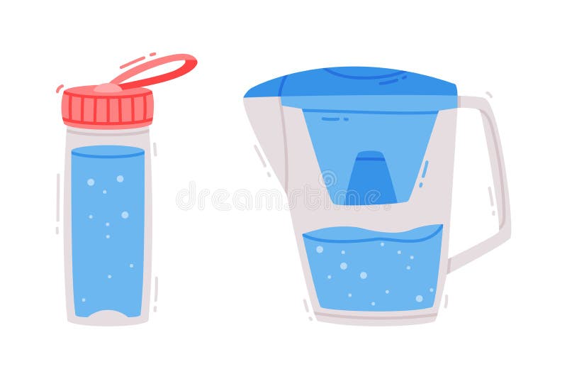 Water in Reusable Flask and Pitcher Filter with H2O Pure Liquid Poured ...