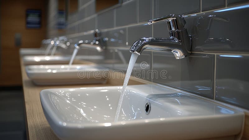 Water Running from Chrome Faucet into Sink in Public Restroom Stock ...