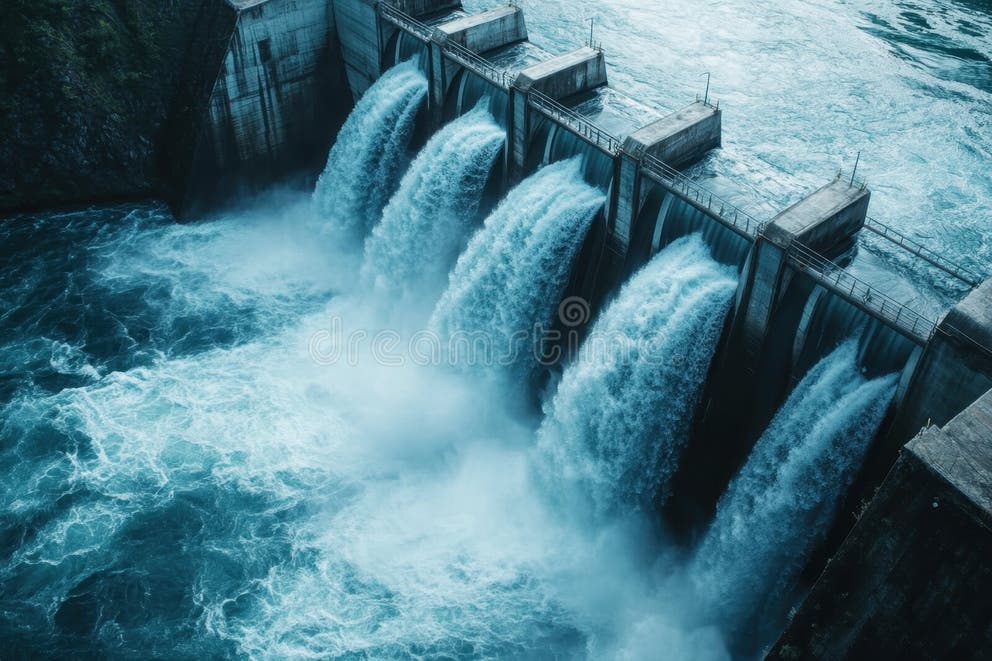 Water Cascading from Dam Gates into a River with Powerful Flow during ...