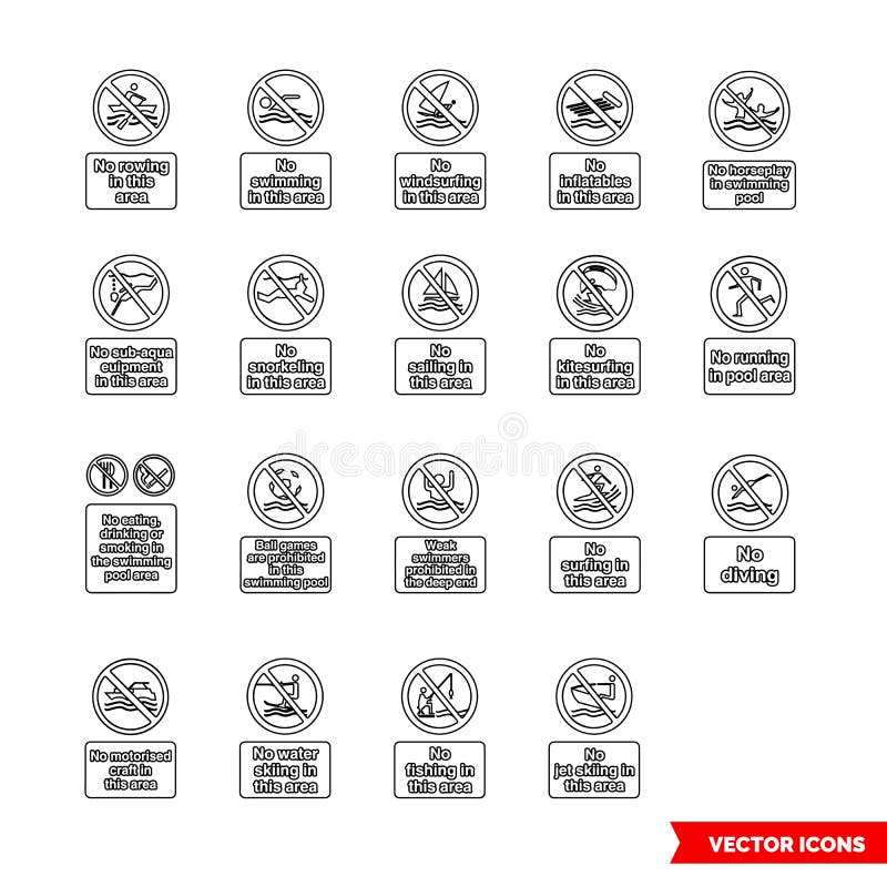 Water Safety Prohibitory Signs Icon Set of Color Types. Isolated Vector ... Water Safety Prohibitory Signs Icon Set of Color Types. Isolated Vector ...