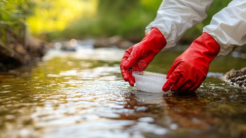 Water Sampling in Nature with Red Gloves and Clear Container Stock ...
