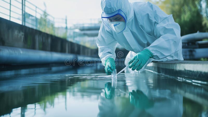 Water Sampling by Scientist in Protective Gear, Environmental ...