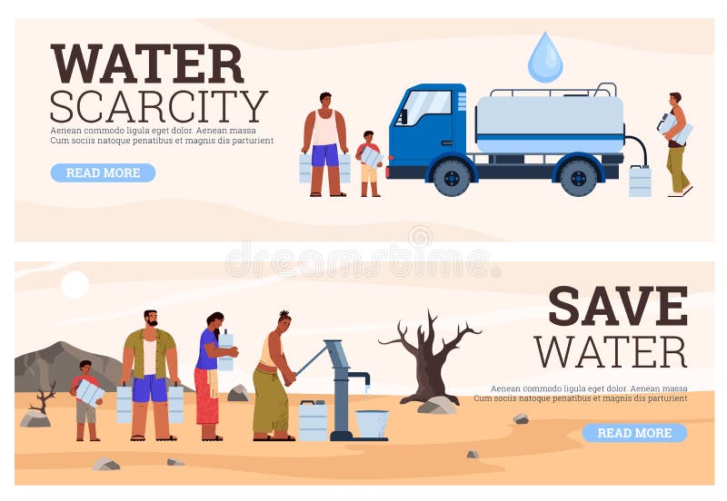Water Scarcity Web Banners Set, People in Queue Waiting for Drinking ...