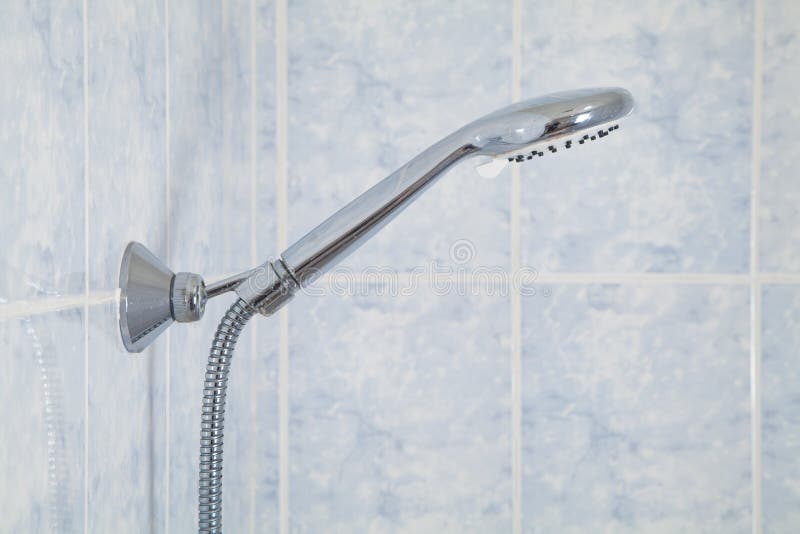 Water Shower with Blue Wall Tiles. Bathroom Stock Photo - Image of ...