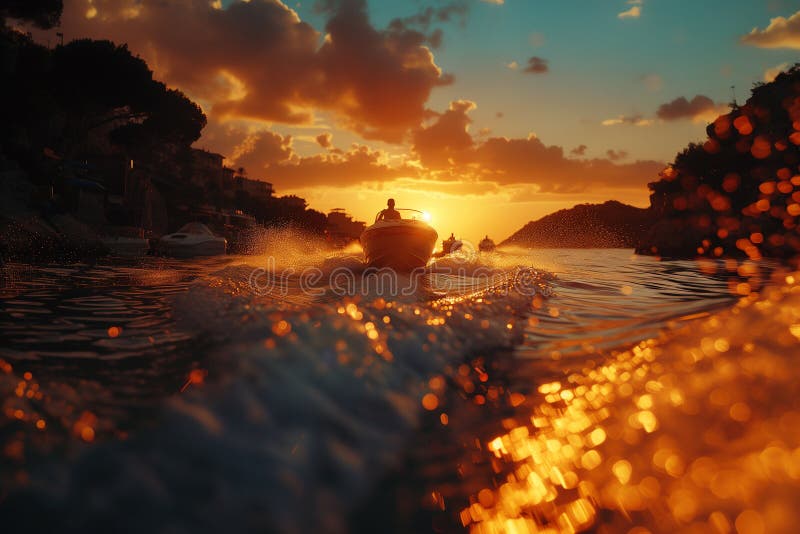 Water Skiers Making Sharp Turns Behind Speedboat, Skill and Precision ...