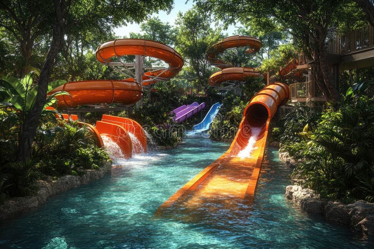 A Water Slide in the Middle of a River with Lush Greenery and Blue ...