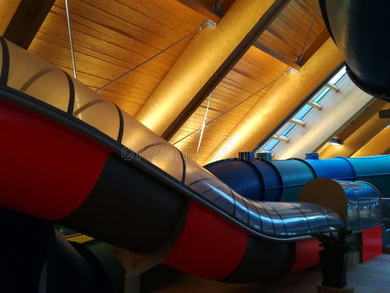 Water slides in aqua park stock image. Image of park - 10193413