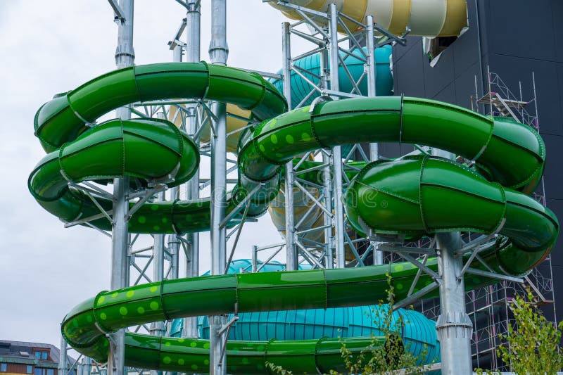 Water Slides of a Water Park Under Construction.. Stock Photo - Image ...