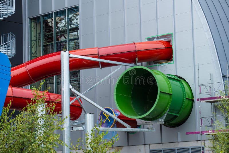 Water Slides of a Water Park Under Construction.. Stock Image - Image ...
