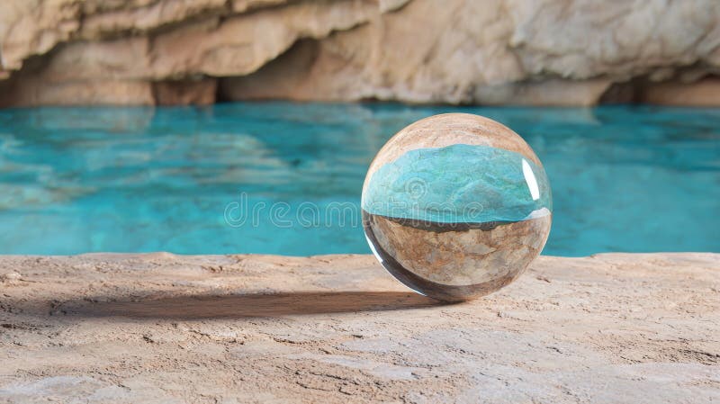 Water Sphere Reflecting a Pool and Rock Formation. Stock Illustration ...