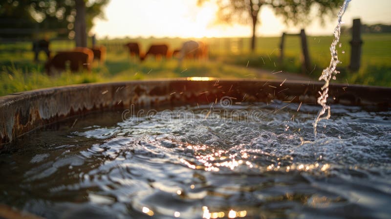 Water Spilling into a Trough in a Pasture at Sunrise with Cattle in the ...