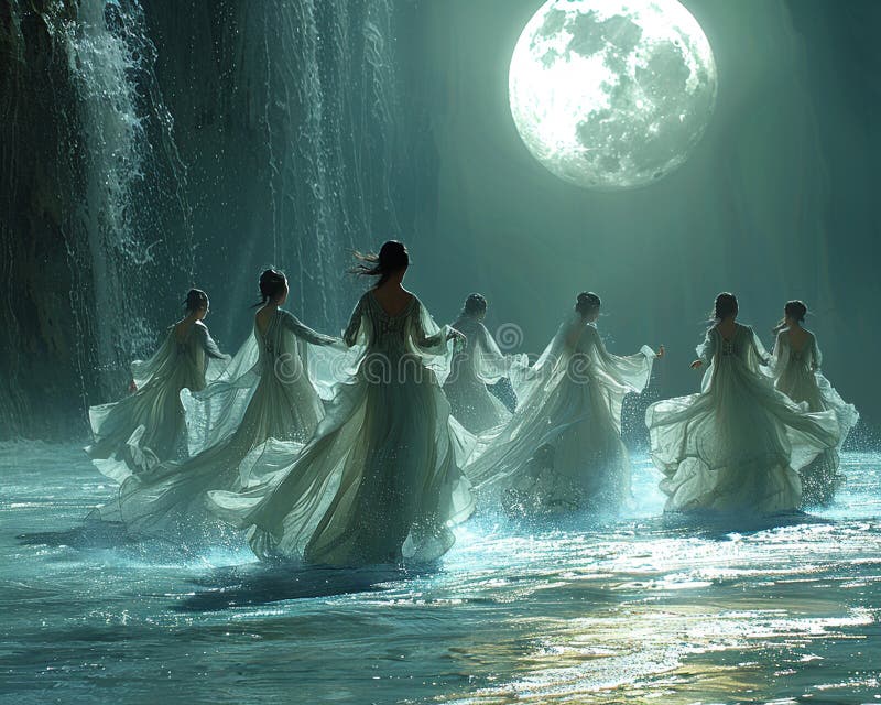 Water Spirits Dancing in a Moonlit Pool Stock Photo - Image of harmony ...