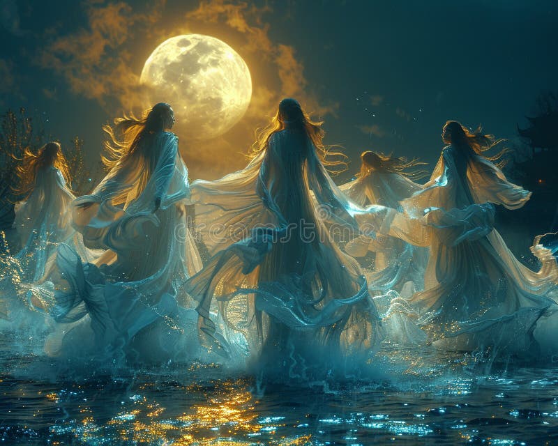 Water Spirits Dancing in a Moonlit Pool Stock Image - Image of aquatic ...