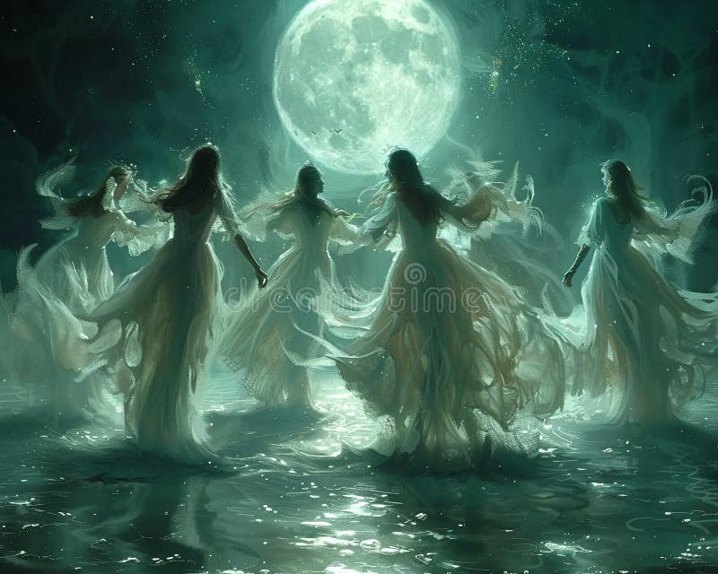 Water Spirits Dancing in a Moonlit Pool Stock Photo - Image of ...