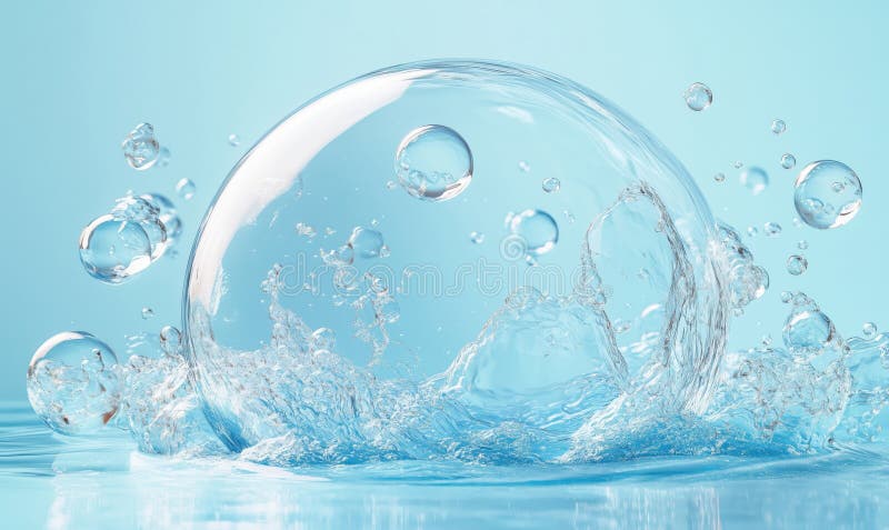 Water Splash with Bubbles and Clear Sphere on Blue Background Stock ...