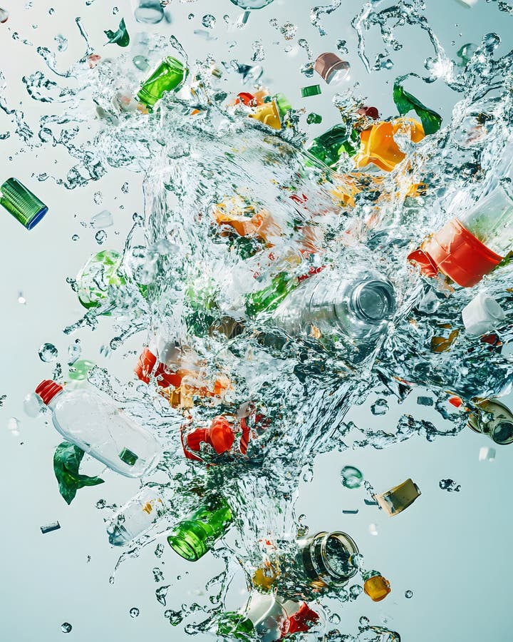 Water Splash Engulfs Assorted Plastic Waste Against a Light Blue ...