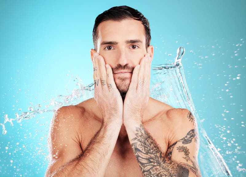 Water Splash Facial And Portrait Of Man With Skincare On Face And