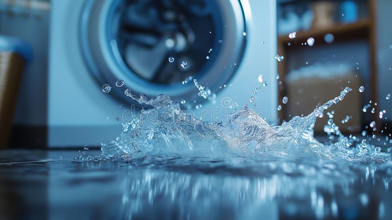 Water Splash on the Floor in Front of Washing Machine in Modern Laundry ...