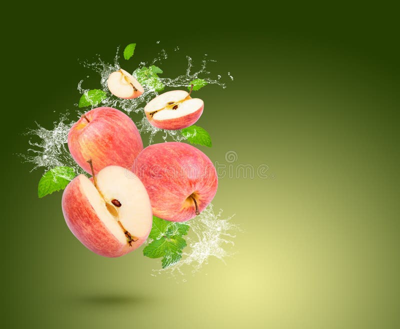 Water Splash on Apple with Mint Leaves Isolated on Green Background ...