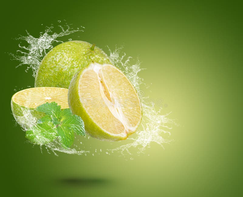 Water Splash on Fresh Lemon with Mint Isolated on Green Background ...