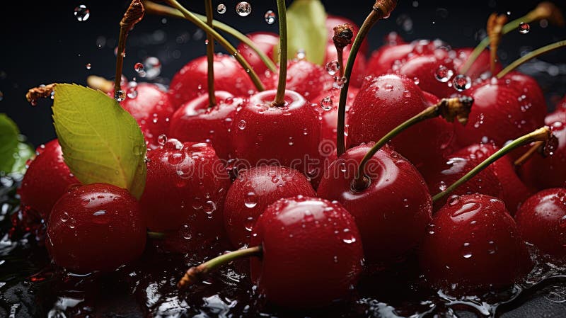 Water Splash with Fresh Red Cherries on Dark Background Focus on ...