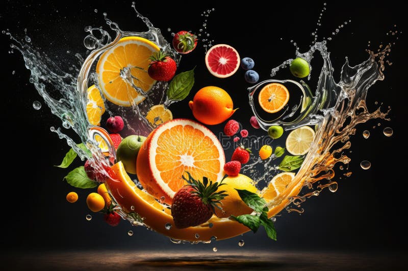 Water splash with fruits stock illustration. Illustration of nature ...