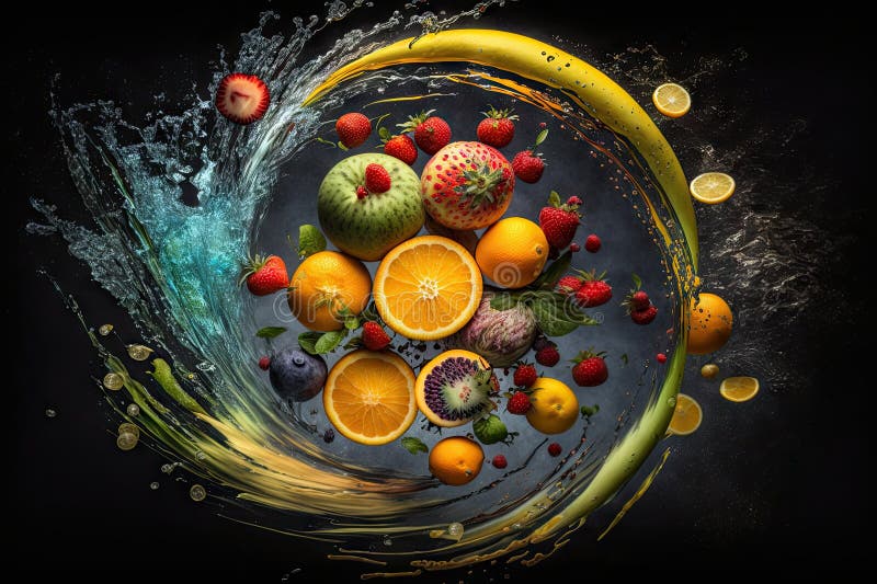 Water splash with fruits stock illustration. Illustration of isolated ...