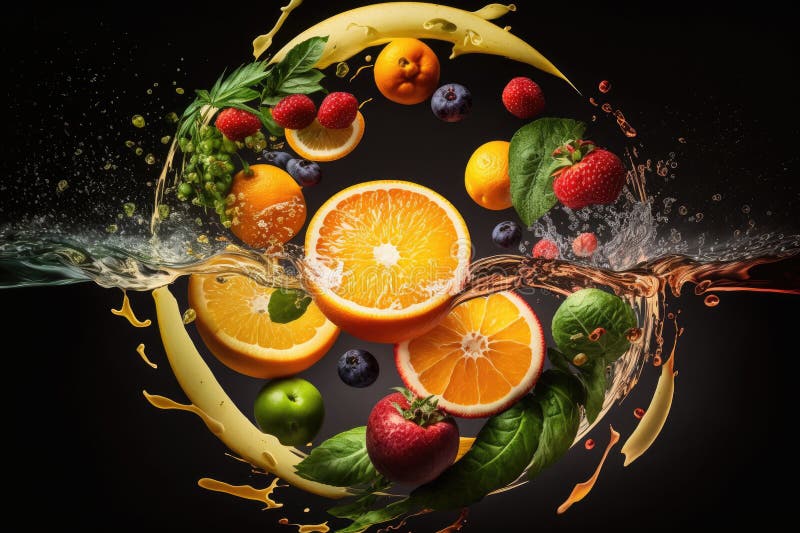 Water splash with fruits stock illustration. Illustration of fresh ...