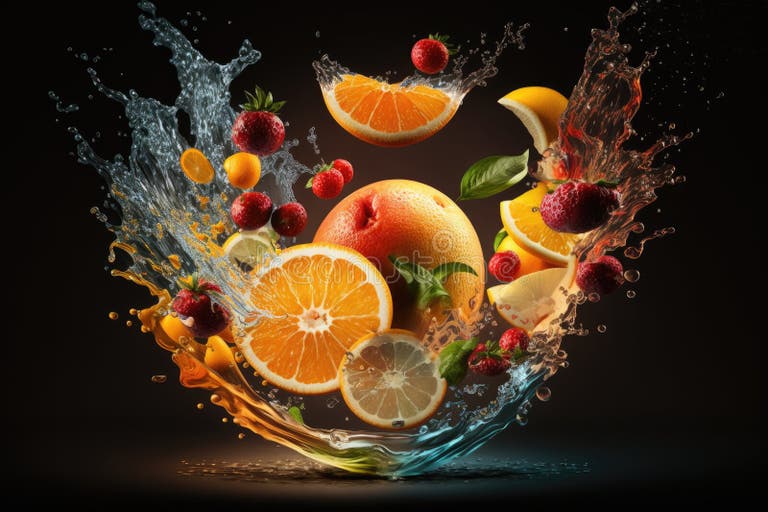 Water splash with fruits stock illustration. Illustration of fruits ...