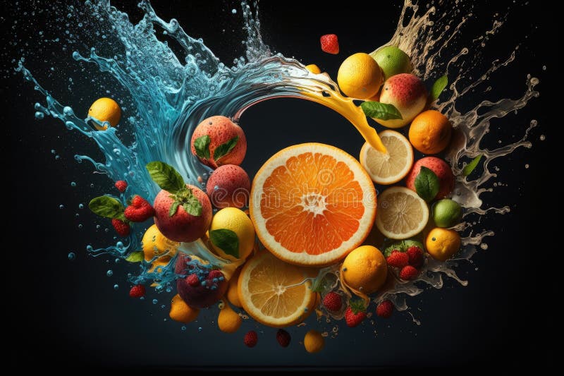 Water splash with fruits stock illustration. Illustration of closeup ...