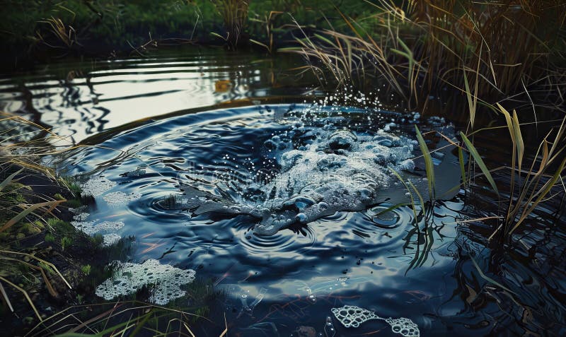 A Water Splash in a Pond with Grass and Reeds Stock Image - Image of ...