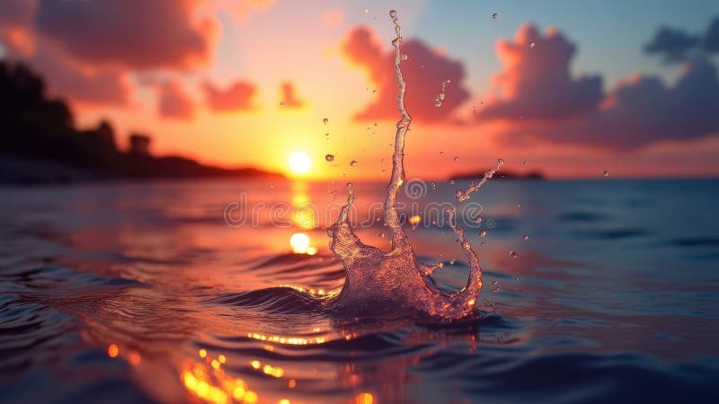 A Water Splash Rises from the Ocean Surface at Sunset, Reflecting Warm ...
