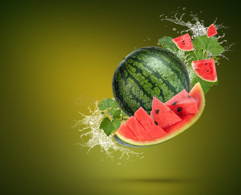 Water Splash on Watermelon with Leaves Isolated on Green Background ...